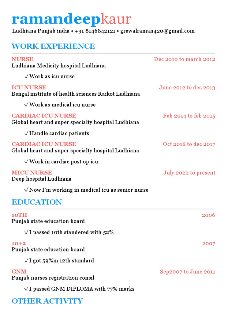 Resume Ramandeep Kaur | PDF