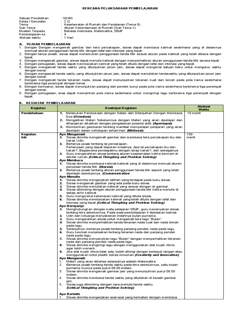 RPP 1 Lembar KLS 2 Tema 8 - Pertemuan 4 | PDF