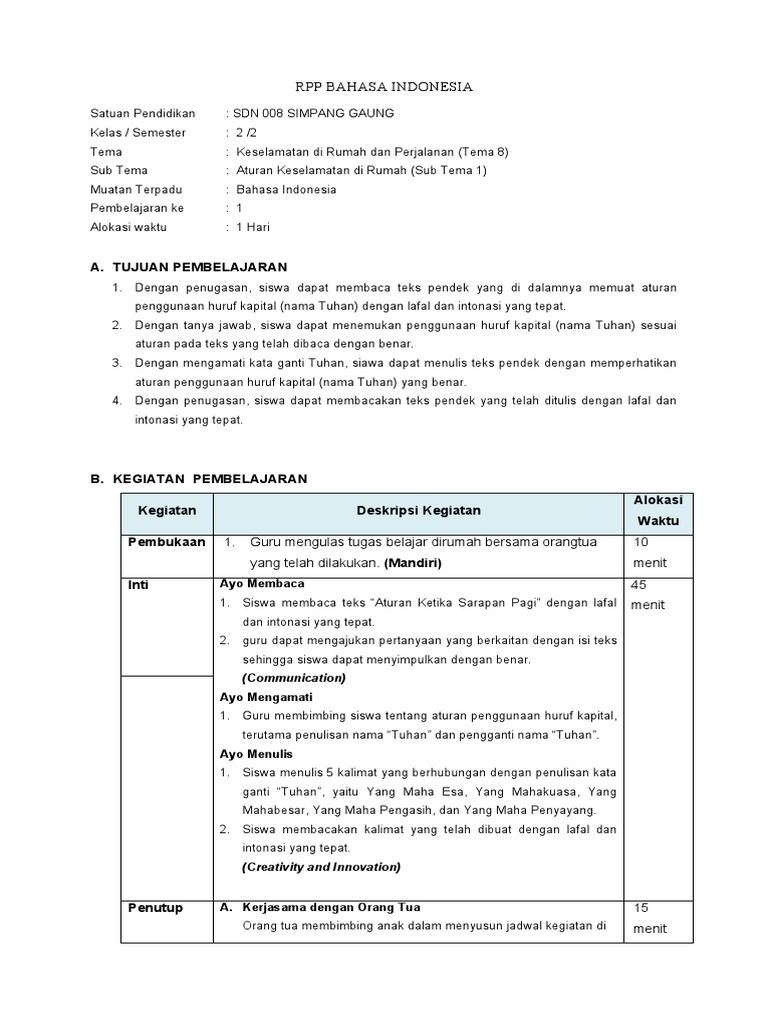 RPP 1 Lembar KLS 2 Tema 8 - Pertemuan | PDF | Seni & Disiplin Bahasa