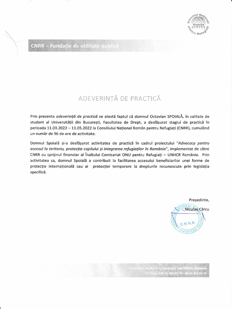 Adeverinta Practică Spoiala Octavian Anul L, Seria L, Grupa 102 PDF | PDF