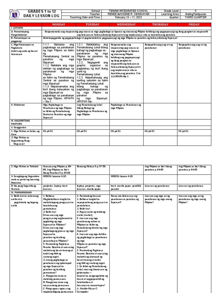 DLL - Araling Panlipunan 5 - Q3 - W1 | PDF