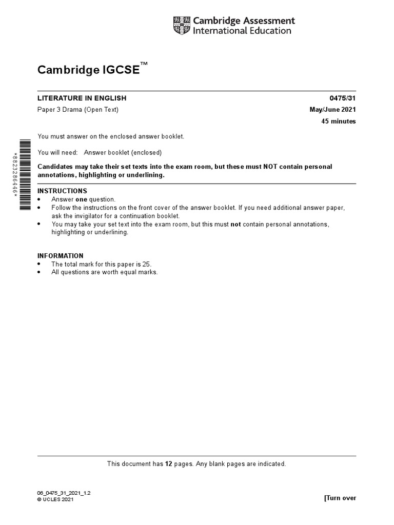 Cambridge IGCSE: 0475/31 Literature in English | PDF