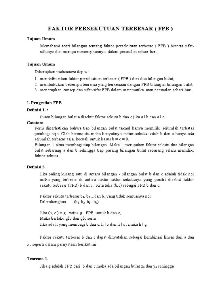 Faktor Persekutuan Terbesar (FPB) : Tujuan Umum | PDF