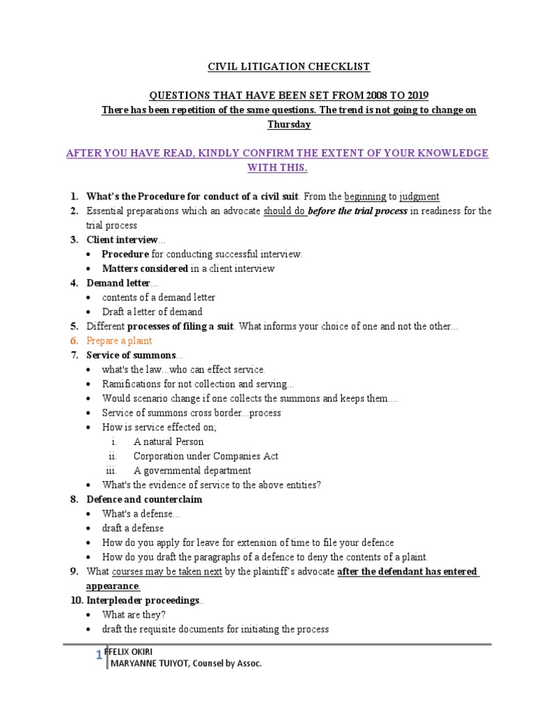 Civil Litigation Checklist | PDF