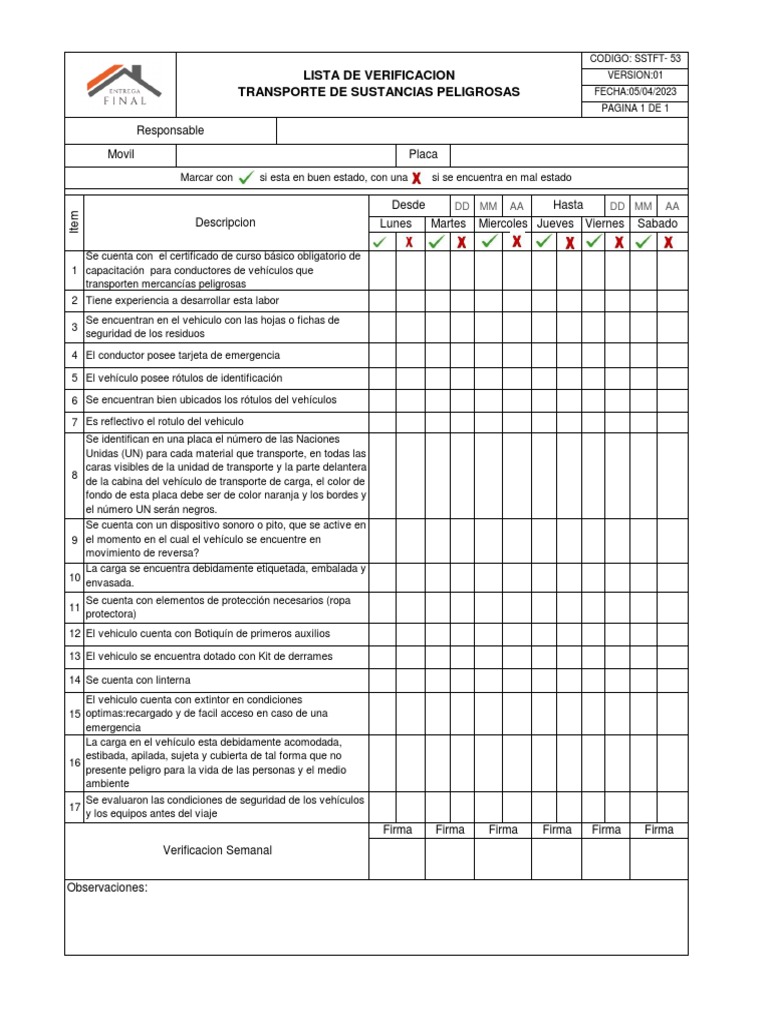 SSTFT-53 Lista de Verificacion Transporte de Sustancias Peligrosas | PDF | Transporte