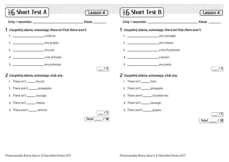 Brainy 4 Short Tests Unit 6 Lesson 4 | PDF