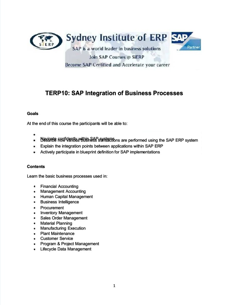 PDF Terp10 Sap Integration of Business Processes Outline PDF - Compress | PDF | Product ...