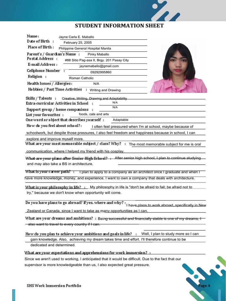 Student Work Immersion Profile | PDF | Fire Safety