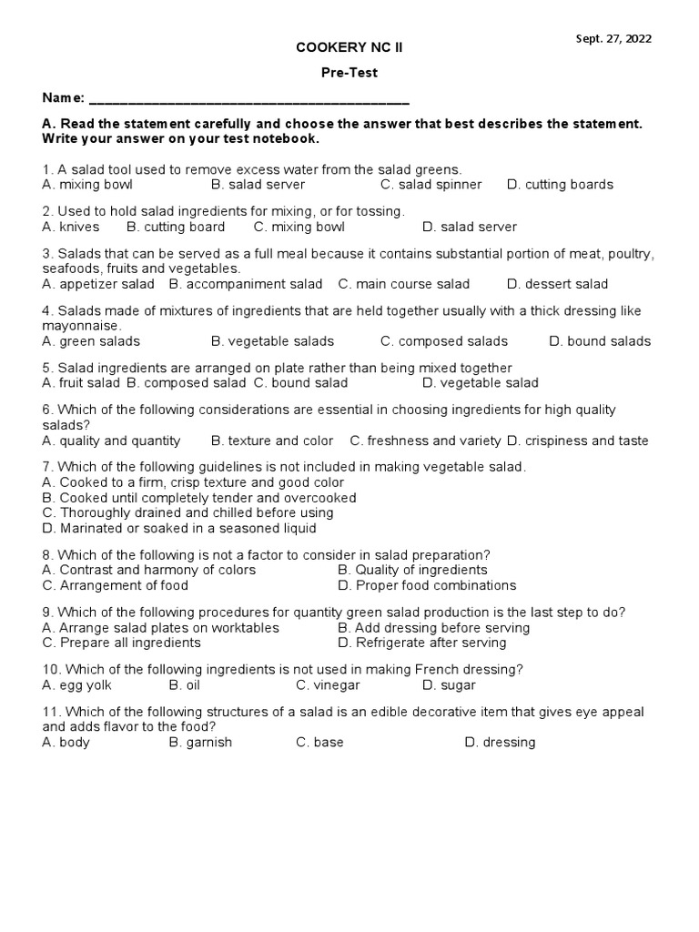 Pre-Test For Salads | PDF | Salad | Foods