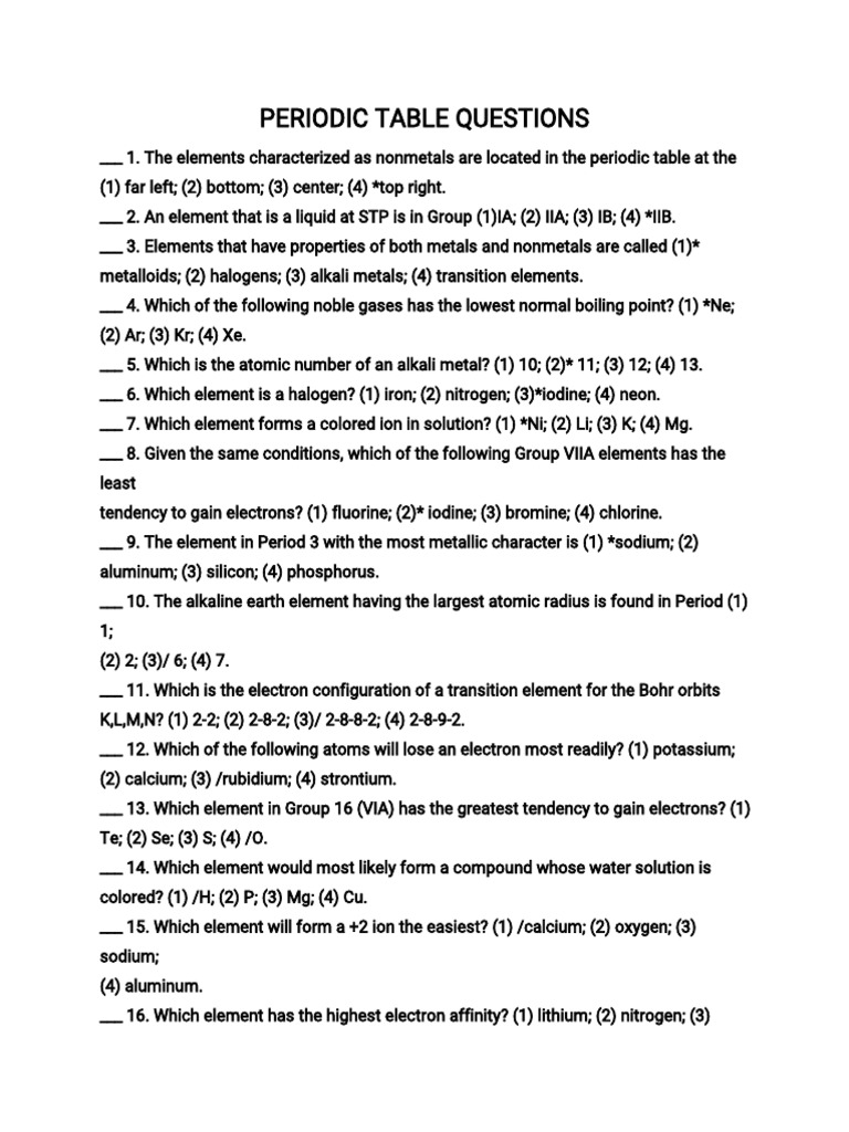 CHM 101 Periodic Table Questions-1-1 | PDF | Chemistry
