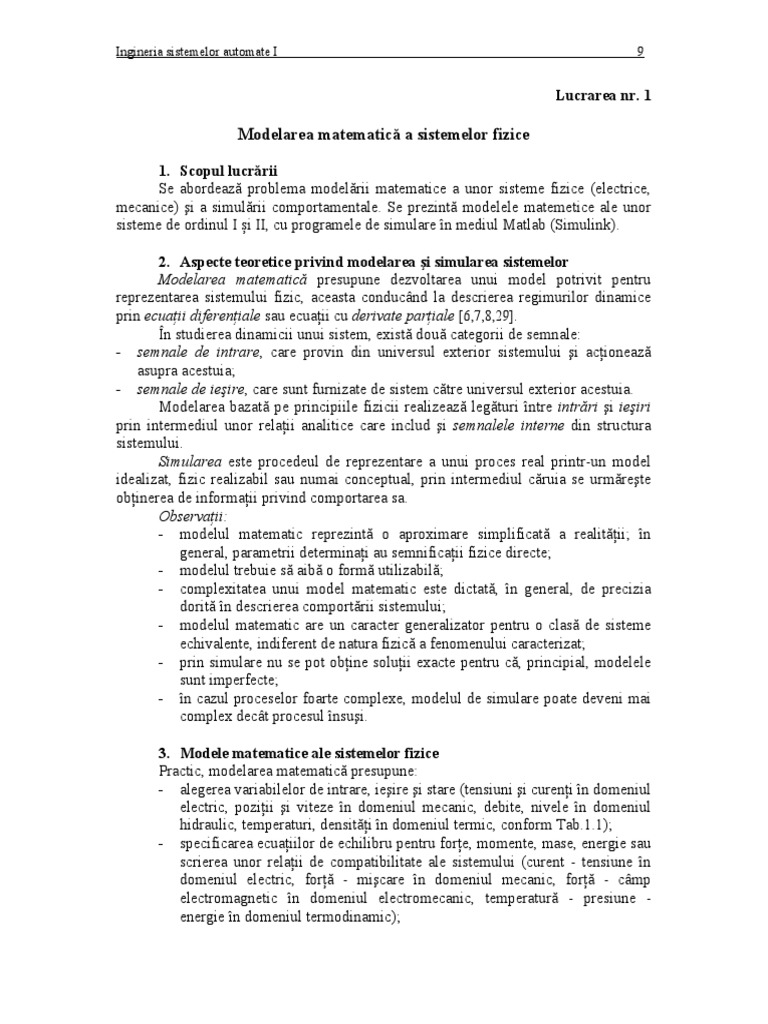 Modelarea Matematică A Sistemelor Fizice: Lucrarea Nr. 1 | PDF