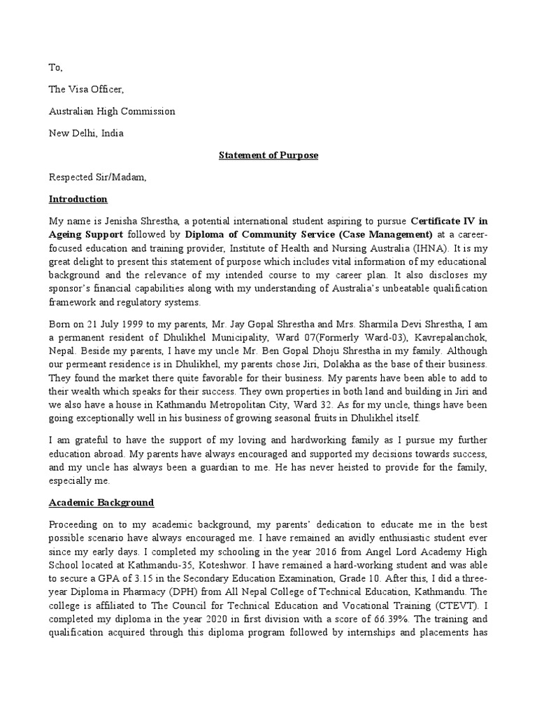 Jenisha Shrestha SOP | PDF | Vocational Education | International Student