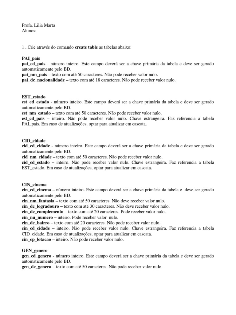 Lista Exercício Revisão Geral SQL | PDF | Tabela (banco de dados) | Informática