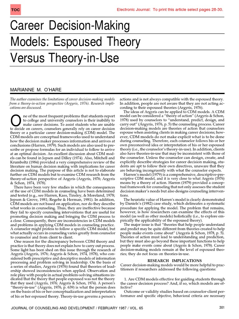 Career Decision Making Models Espoused and Theories in Use | PDF | Decision Making | Counseling ...