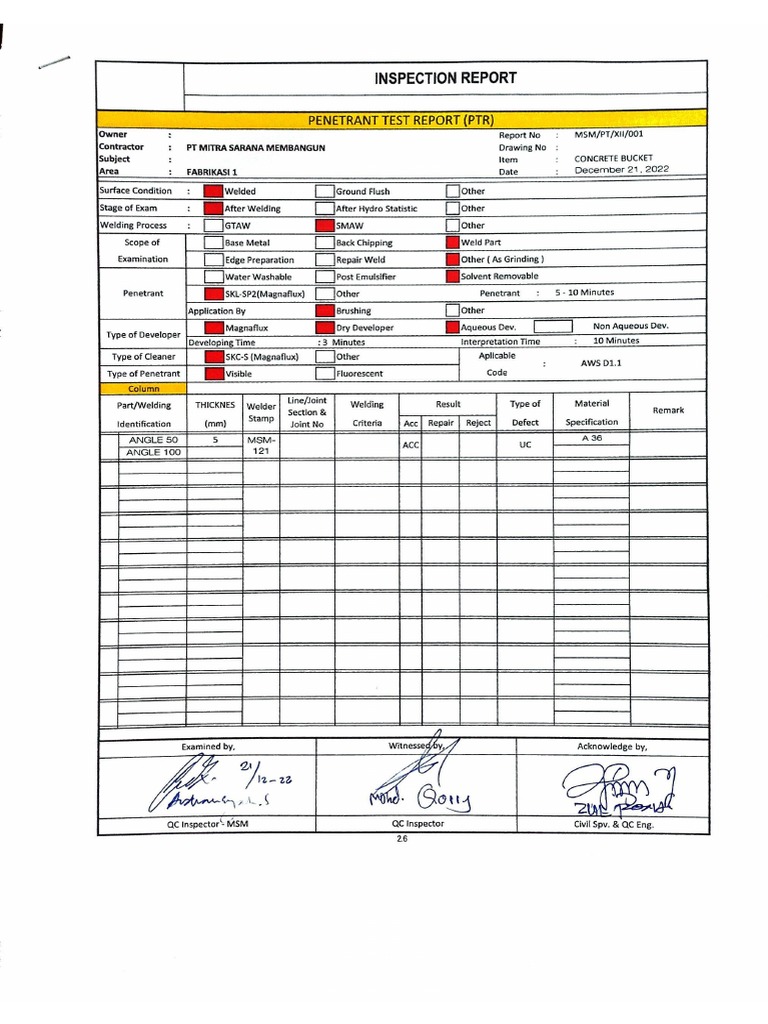 Penetrant Test Report Concrete Bucket - BM1 | PDF