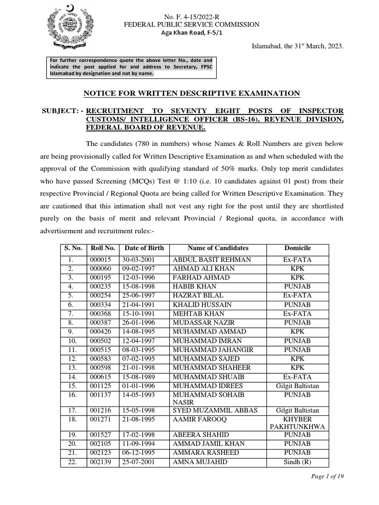 Customs Inspector Exam Notice 2023 | PDF | Khyber Pakhtunkhwa | Sindh