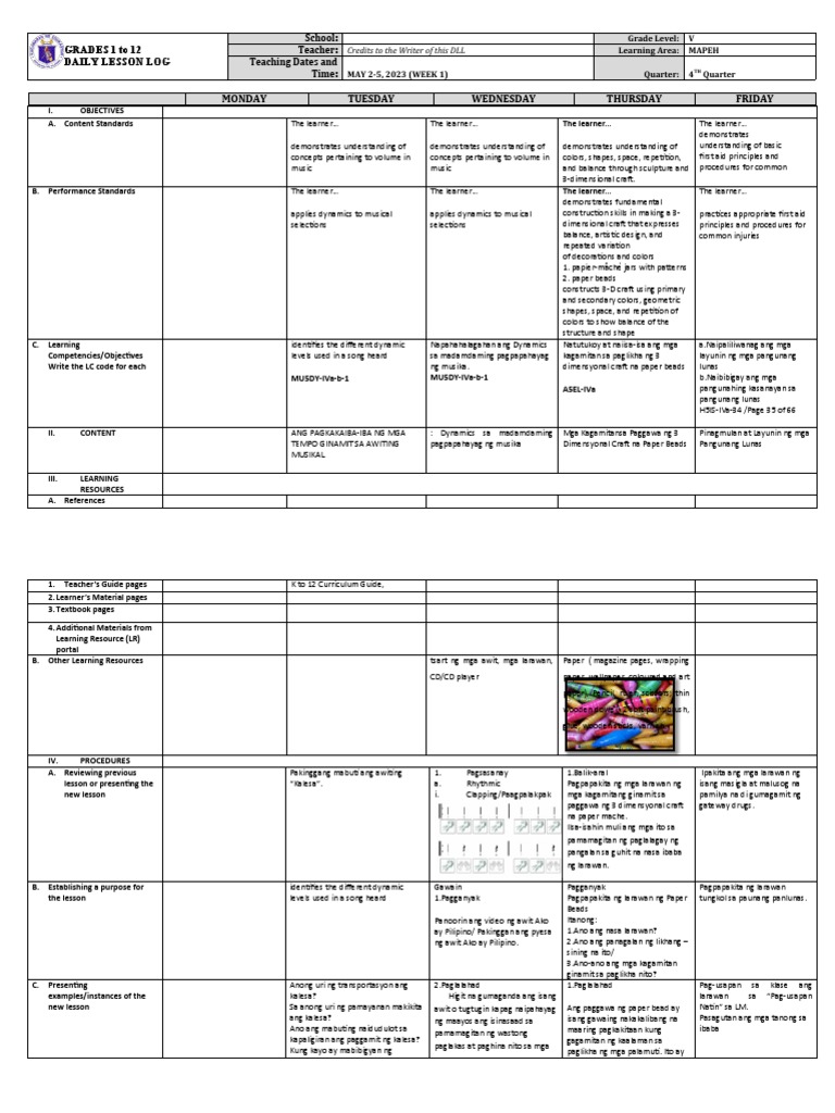 Grade 5 DLL MAPEH 5 Q4 Week 1 | PDF