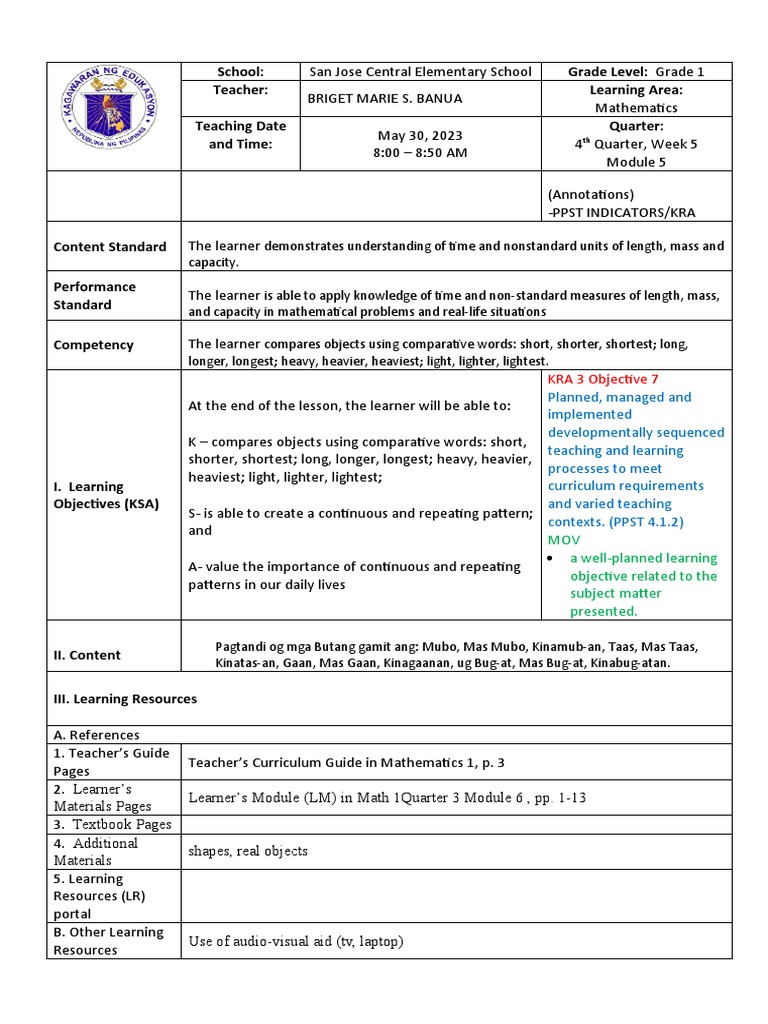 School: Grade Level: Grade 1 Teacher: Learning Area: Teaching Date and ...