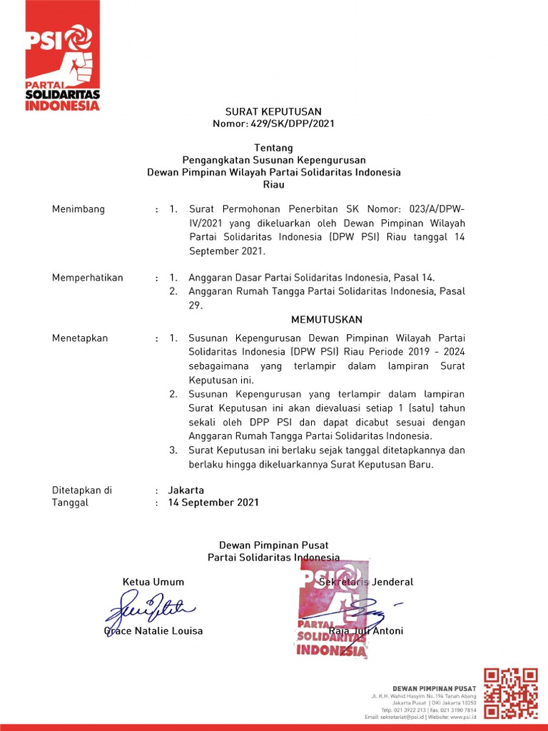 429 - SK - DPP - 2021 SK Pengangkatan DPW Riau | PDF