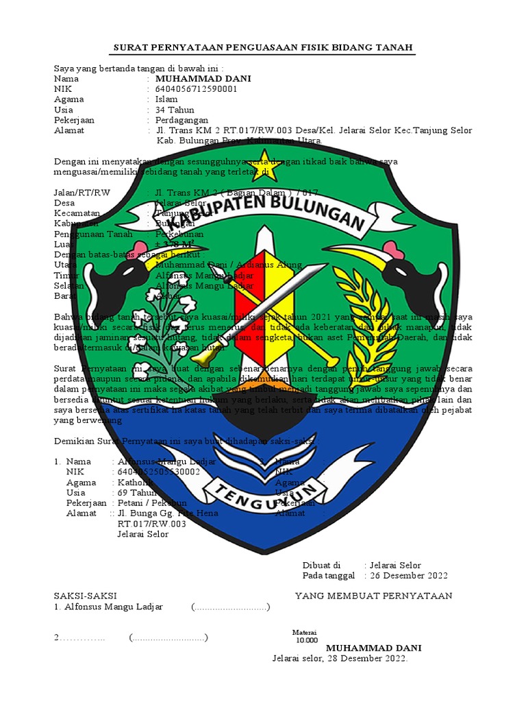 Surat Pernyataan Penguasaan Tanah Bulungan | PDF