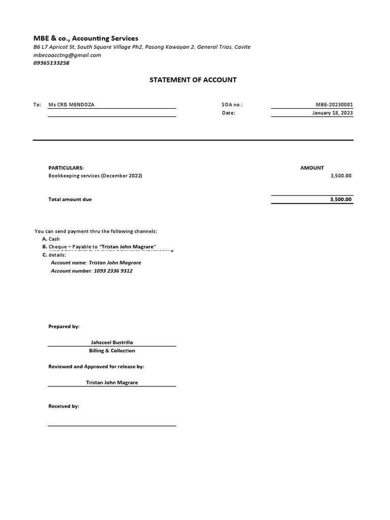 SOA Template | PDF | Cheque | Bookkeeping