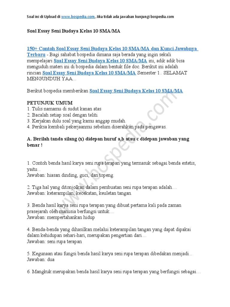 150+ Contoh Soal Essay Seni Budaya Kelas 10 SMA MA Dan Kunci Jawabnya | PDF