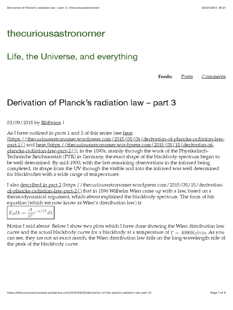 Derivation of Planck's Radiation Law - Part 3 | PDF | Electromagnetic Radiation ...