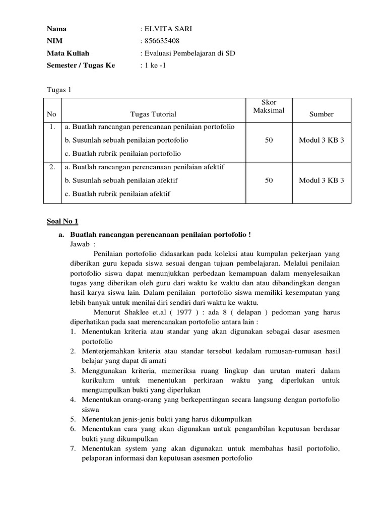 Tugas 1 Evaluasi Pembelajaran ELVITA SARI | PDF