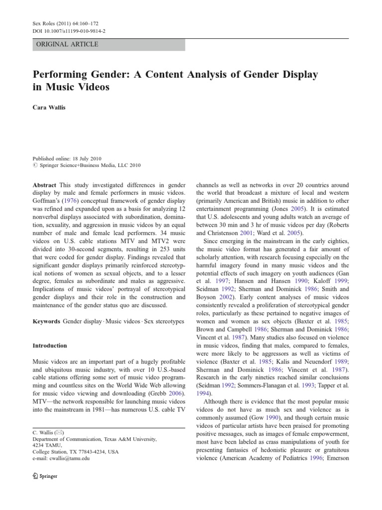 Gender Display in Music Videos Analysis | PDF | Gender | Gender Studies