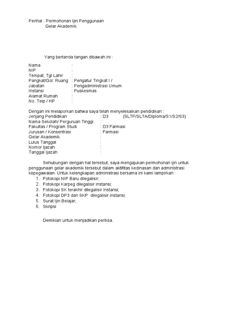 Surat Permohonan Ijin Penggunaan Gelar Akademik | PDF