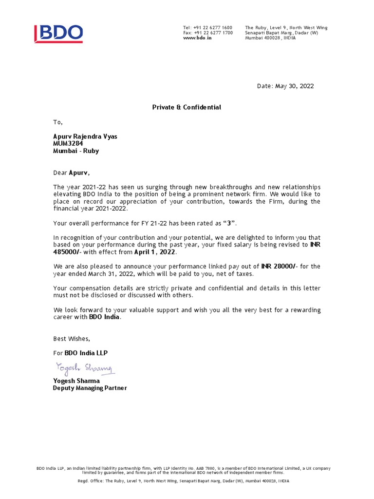 Performance Appraisal Letter FY 21-22 | PDF