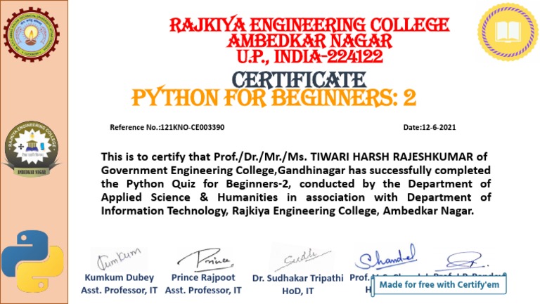 Certificate For Tiwari Harsh Rajeshkumar For | PDF Certificate For Tiwari Harsh Rajeshkumar For | PDF