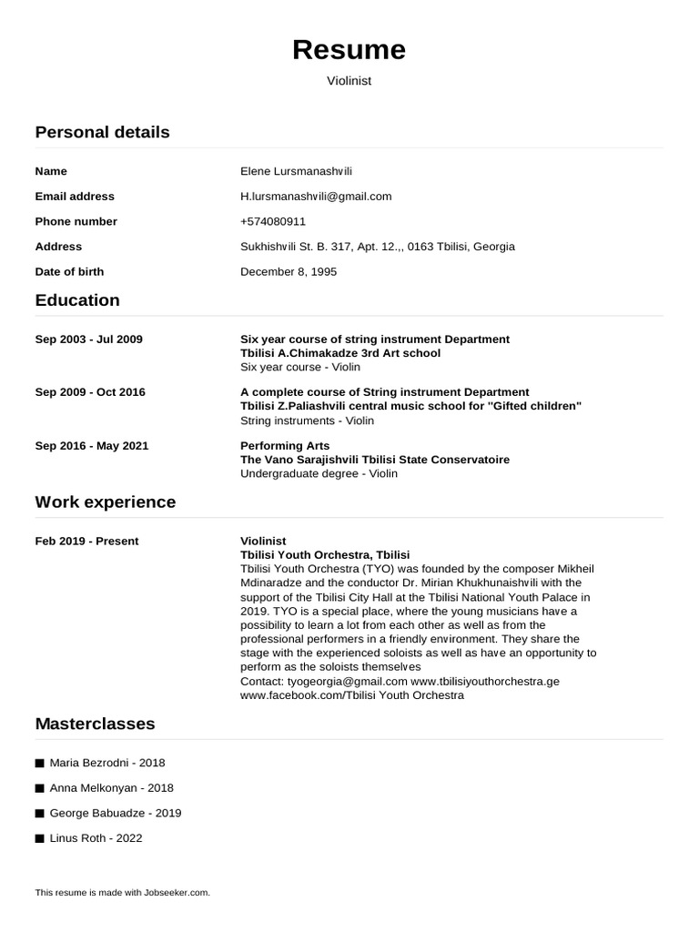 Resume Elene Lursmanashvili | PDF | Orchestras | Violin