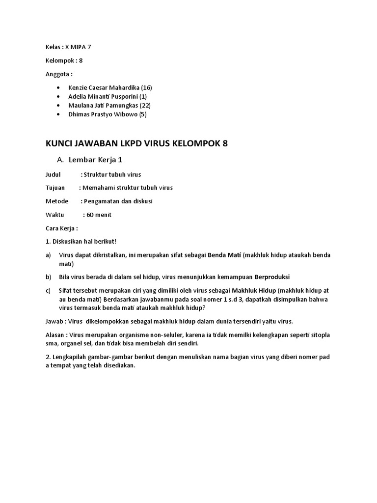 Kunci Jawaban LKPD VIRUS Kelompok 8 | PDF