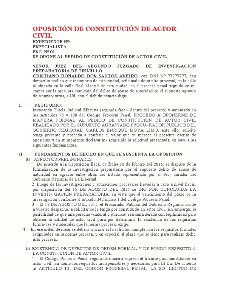 Oposición de Constitución de Actor Civil | PDF | Ley procesal | Fiscal