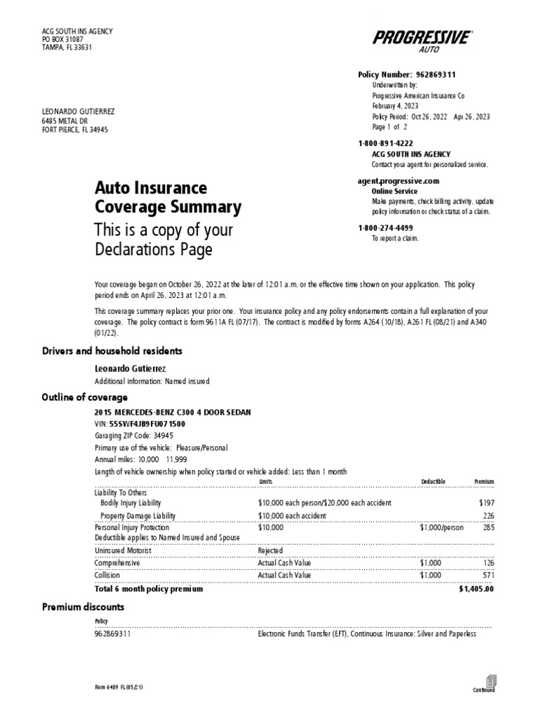 Auto Insurance Coverage Summary for Leonardo Gutierrez Providing ...