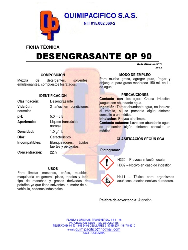 Fds Desengrasante QP 90 | PDF | Agua | Compuestos químicos