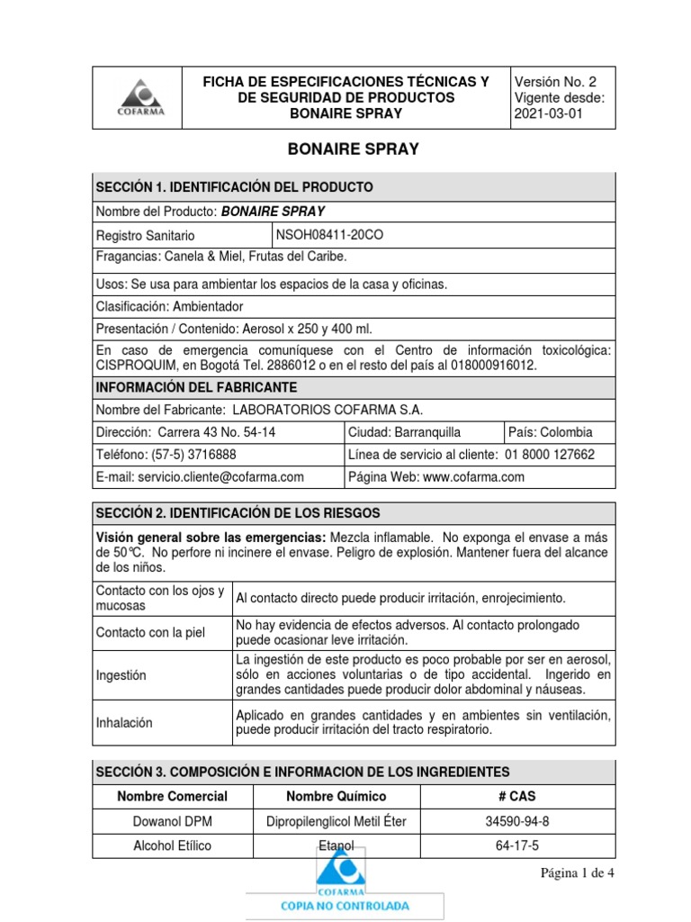 MSDS Bonaire Spray V2 | PDF | Agua | Etanol