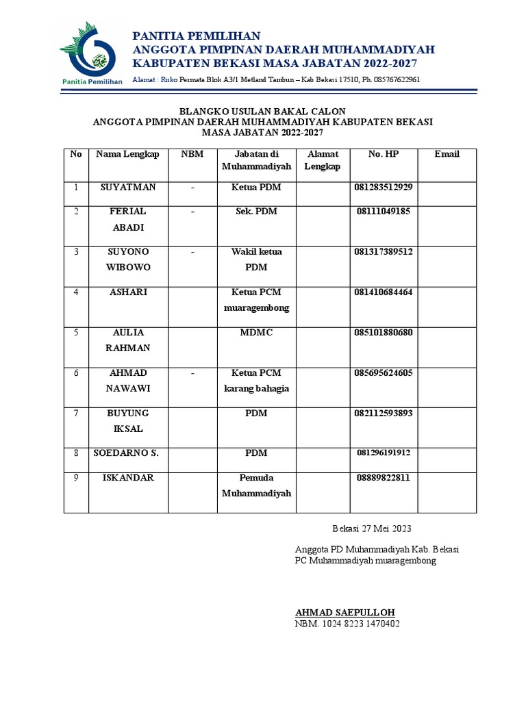 Lampiran 2 - Form Usulan Bakal Calon PDM | PDF
