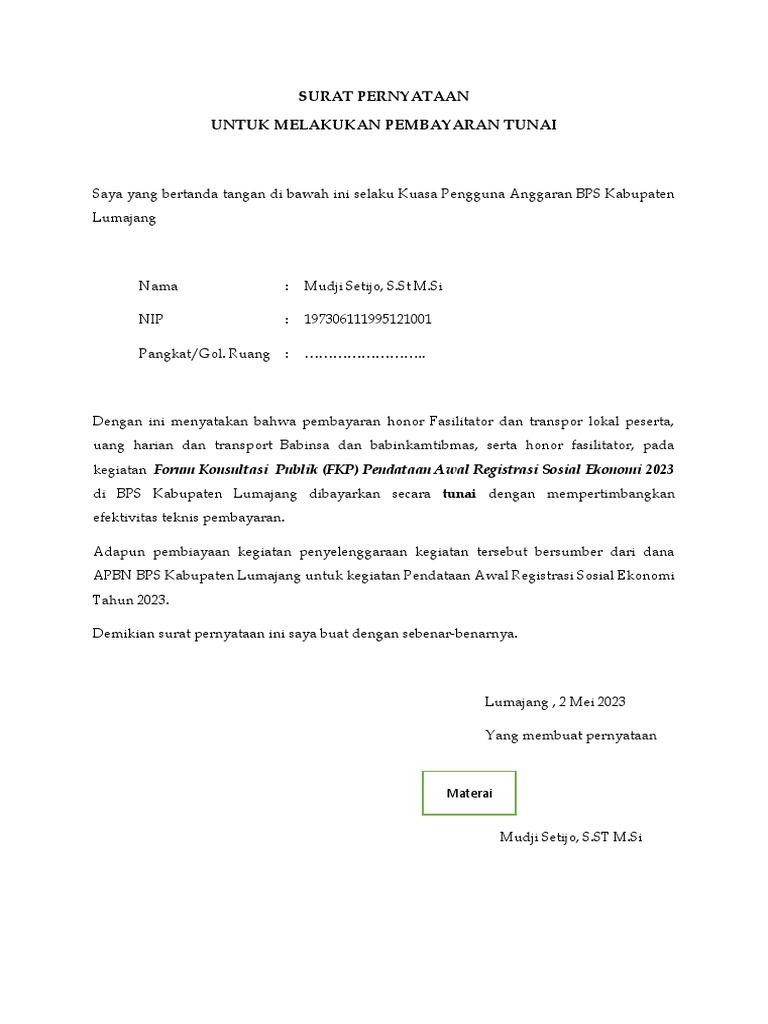 Surat Pernyataan KPA Pembayaran Tunai | PDF