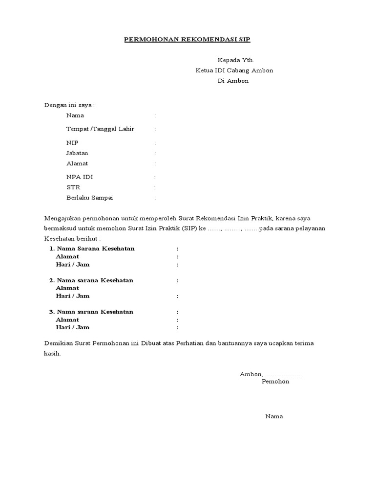 Form Permohonan Rekomendasi Sip | PDF