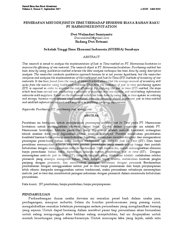Penerapan Metode Just in Time Terhadap Efisiensi Biaya Bahan Baku PT Harmonize Invitation (Jira ...