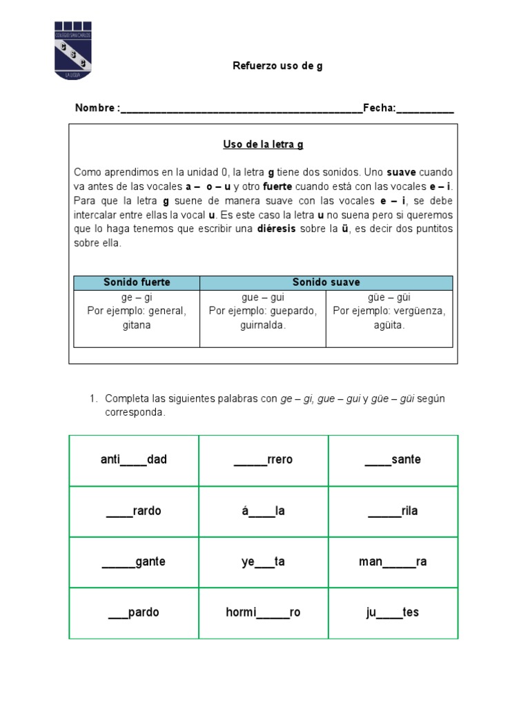 Uso de la letra G: Sonidos y Ejercicios | PDF