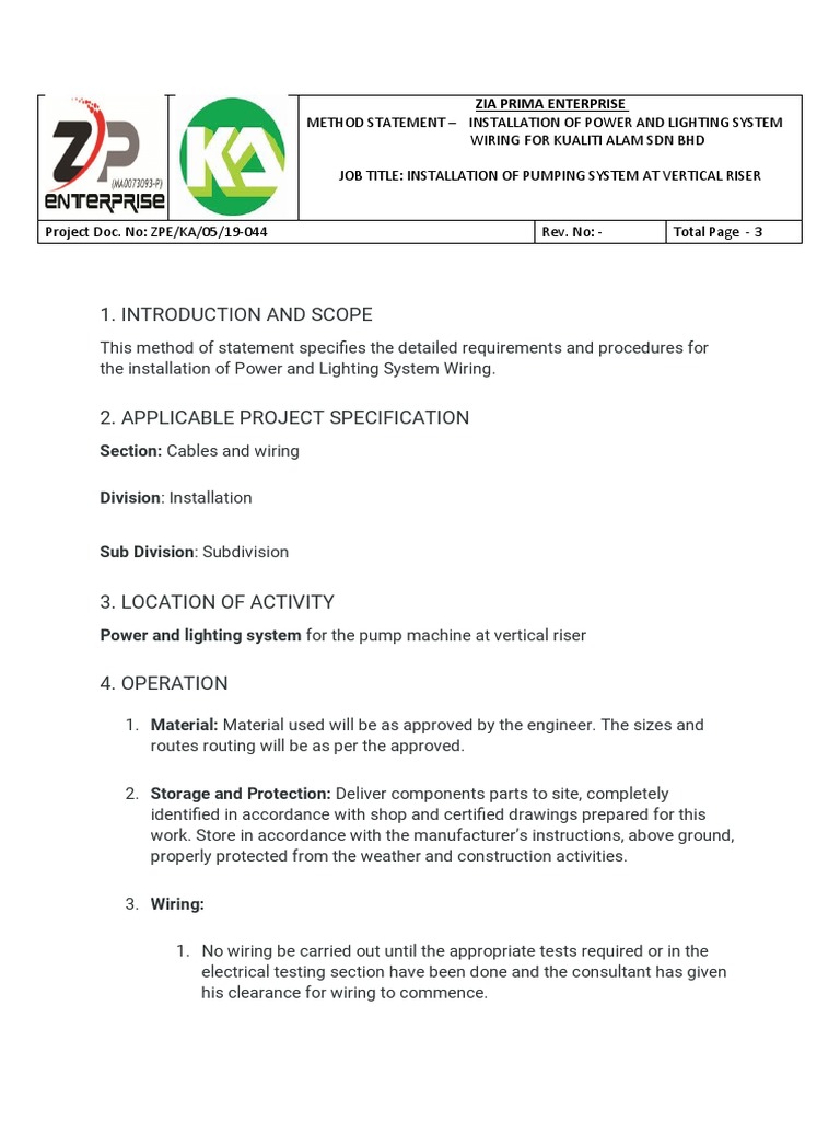 Electrical & Wiring METHOD STATEMENT | PDF | Electrical Wiring ...