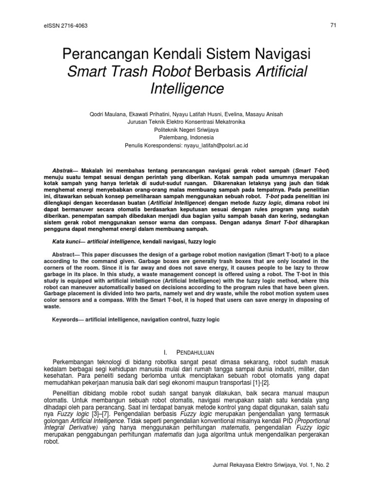 Perancangan Kendali Sistem Navigasi Smart Trash Robot Berbasis Artificial Intelligence | PDF