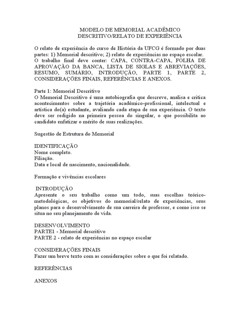 Modelo de Memorial Acadêmico Descritivo | PDF