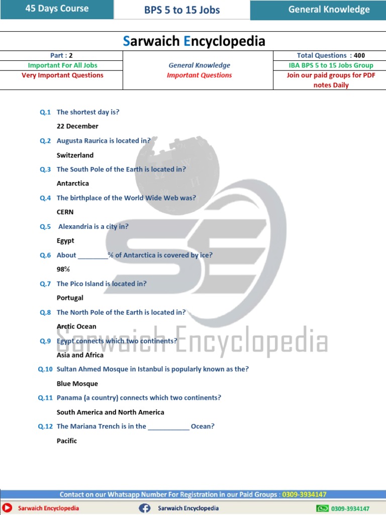 General Knowledge Part 2 (Sarwaich Encyclopedia 0309-3934147) | PDF | Pakistan | Afghanistan