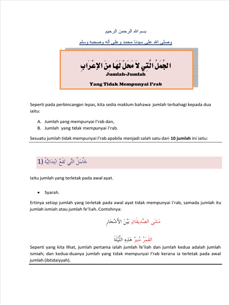 Jumlah-Jumlah Yang Tidak Mempunyai I'rab | PDF