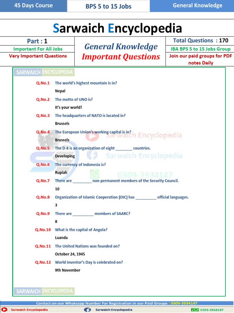 General Knowledge Part 1 (Sarwaich Encyclopedia 0309-3934147) | PDF