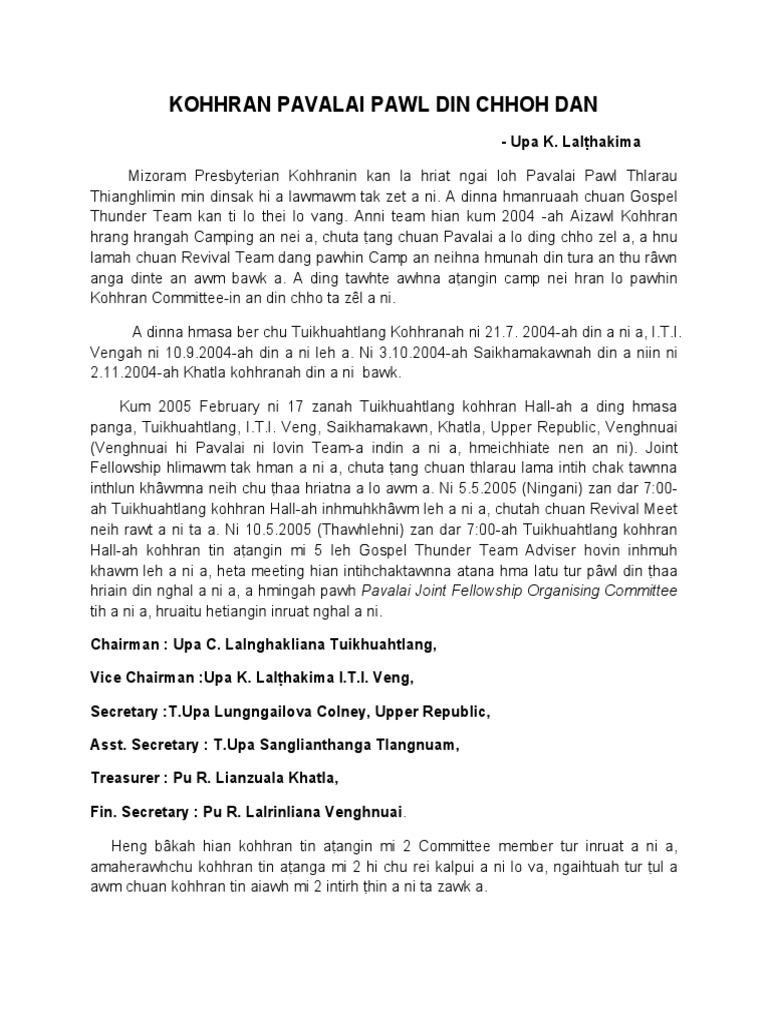 Kohhran Pavalai Din Chhoh Dan | PDF